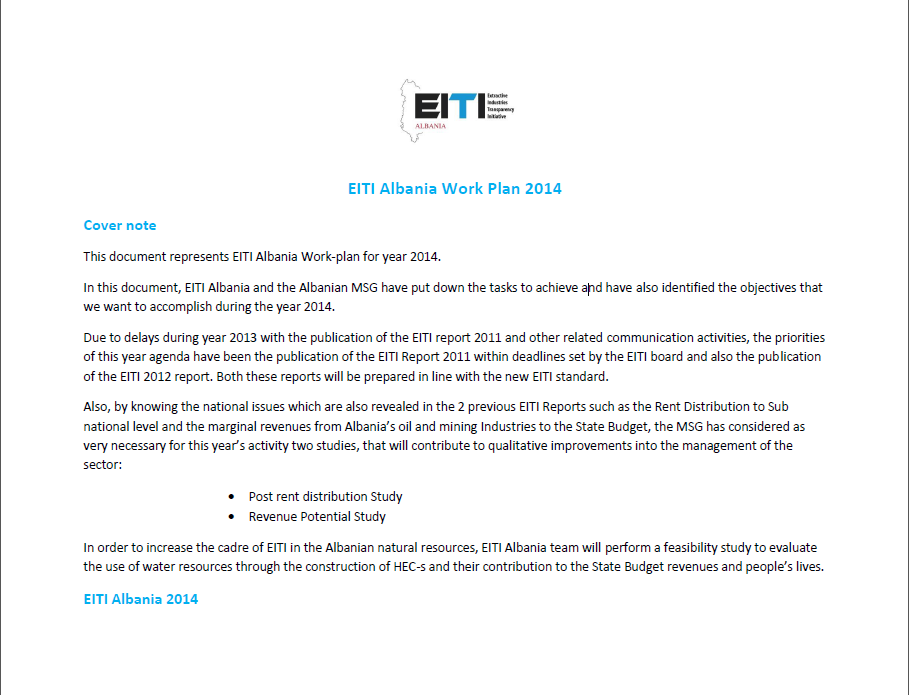 Albania 2014 EITI work plan | EITI